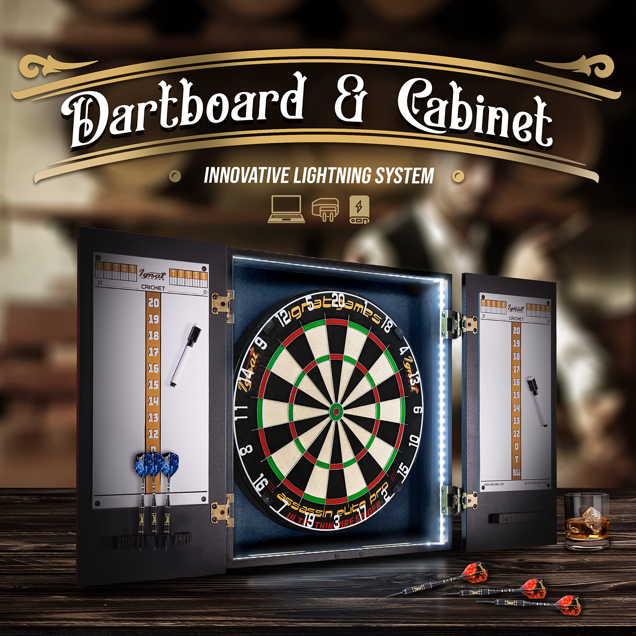 IgnatGames Dart Board Professional Set - Competition Size Kenyan Sisal Dart Board for Adults with 6 Professional Steel Darts - Staple-Free Ultra-Thin Wire Spider Dartboard + Accessories & Mounting Kit