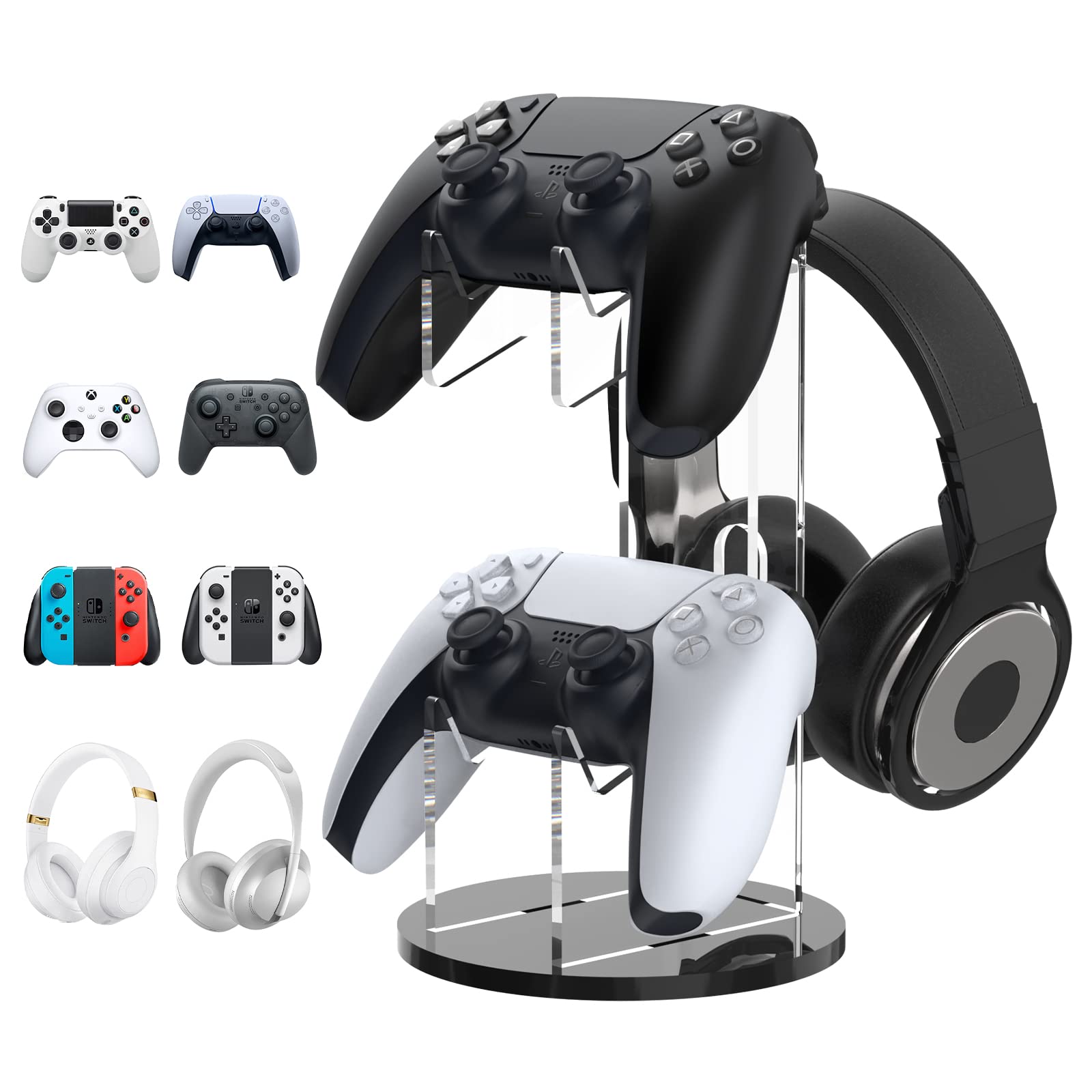 MoKo Universal Stand for Game Controller and Headset Stand, 2 in 1 Game Controller Stand Holder Storage Organizer for ps5, ps4, Xbox One, Xbox Series, Controller Stand Gaming Accessories, Black&Clear