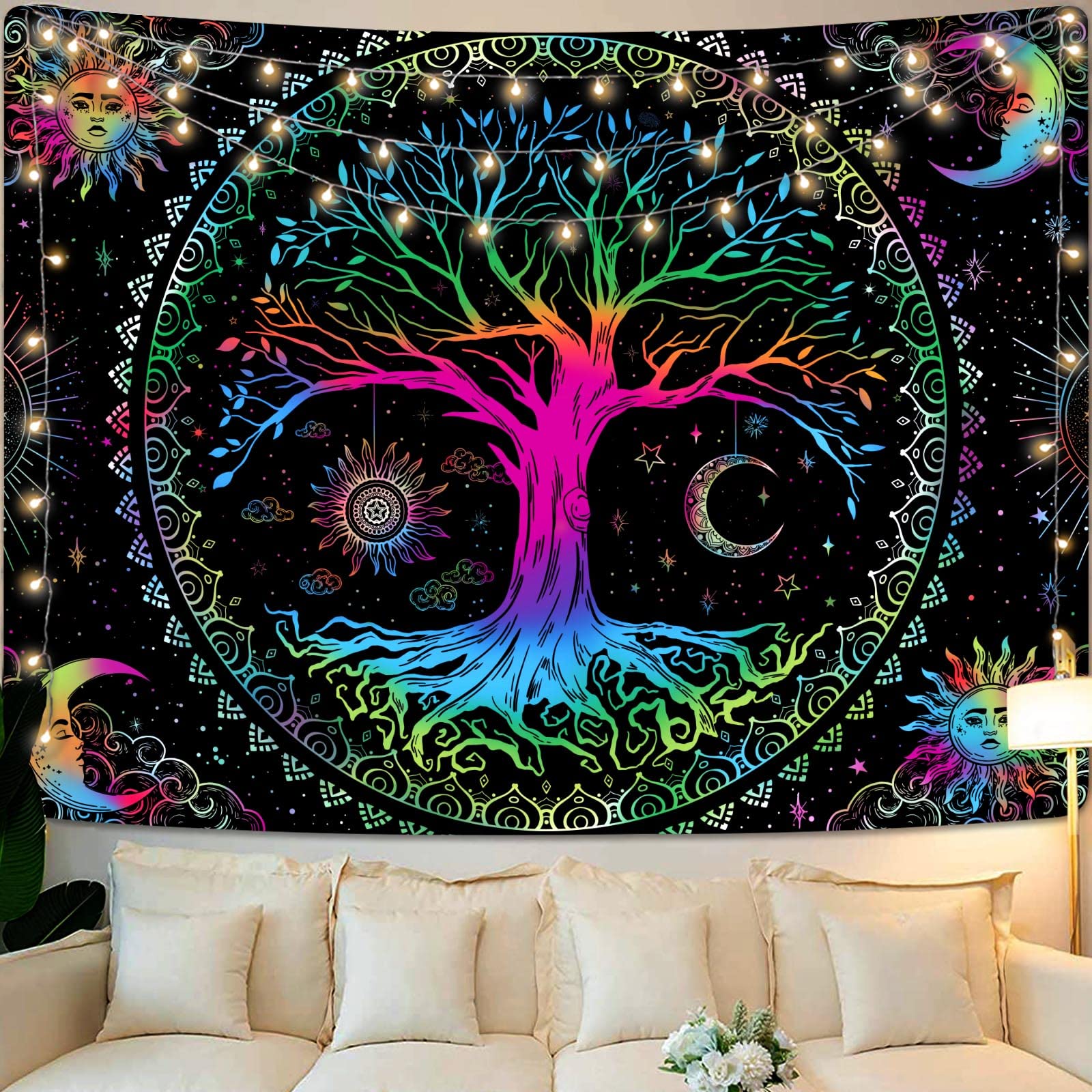 Kanuyee Tree of Life Tapestry Yin and Yang Sun Moon Star Tapestries Galaxy Space Tapestry Mandala Wall Tapestry Black Aesthetic Tapestry for Room Decor (35''high × 47''wide, Colorful)