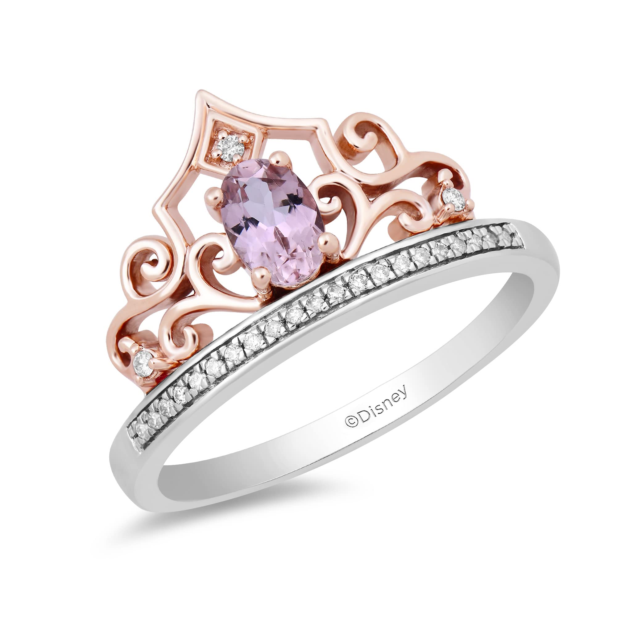 Jewelili Enchanted Disney Fine Jewelry Sterling Silver and 10K Rose Gold 1/10 CTTW Aurora Tiara Ring, size 6
