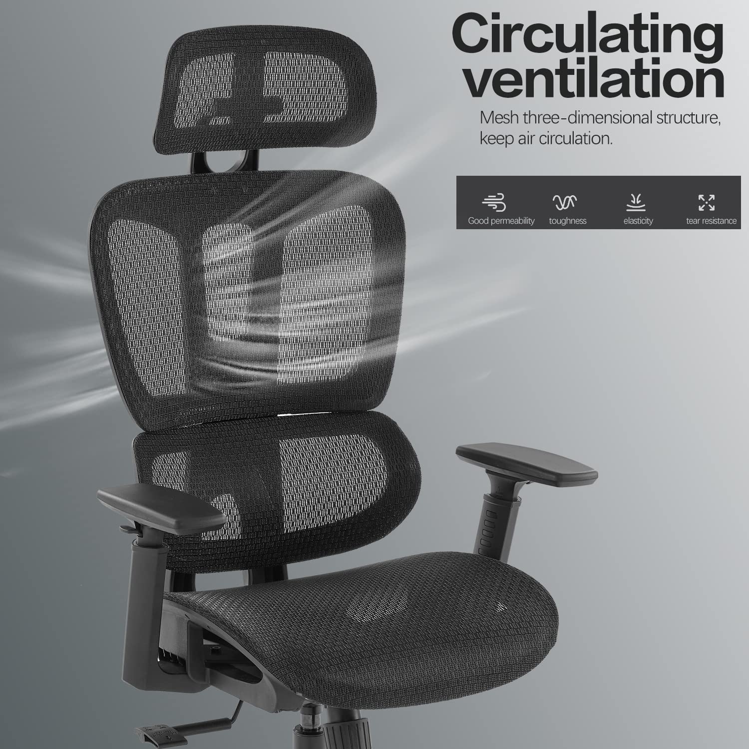 Homy Grigio Ergonomic Office Chair High Back Home Office Desk Chair with 3D Armrest Adjustable Headrest Lumbar Support Mesh Computer Chair with Swivel Tilt Function