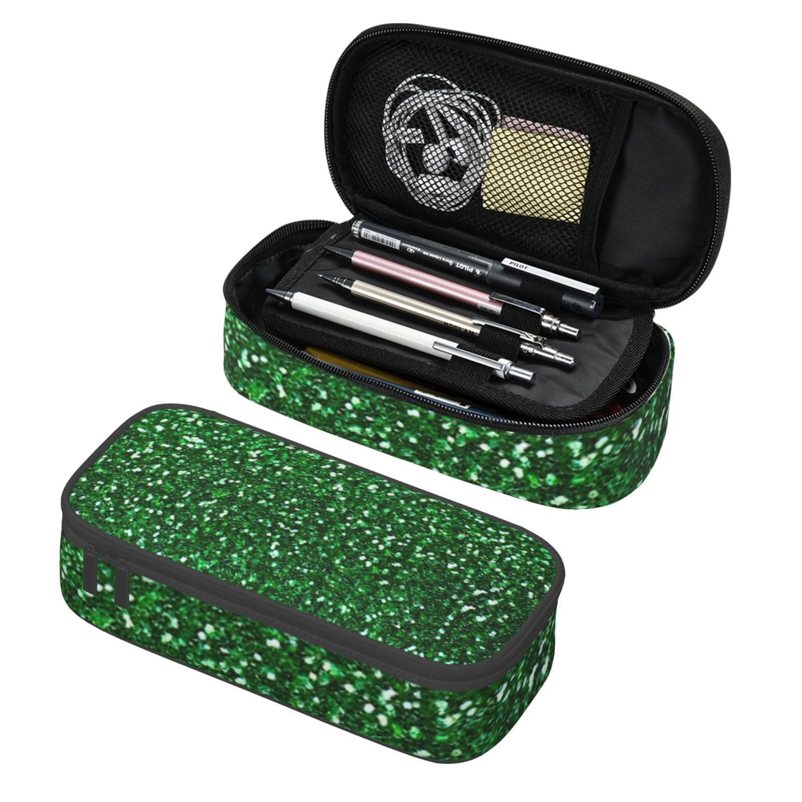 QHWLR Green Sequin Sparkle print Pencil Case Large Capacity Pen Pouch for interlayer Adults Cosmetic Bag Supplies , Black