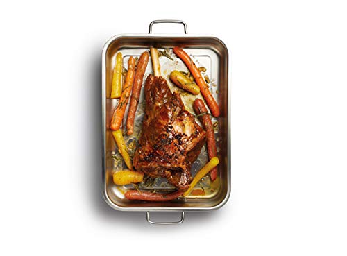 MasterClass Deep Stainless Steel Roasting Tin with Folding Handles and Hob Compatible Design, 27 x 20 x 6.5 cm, Silver