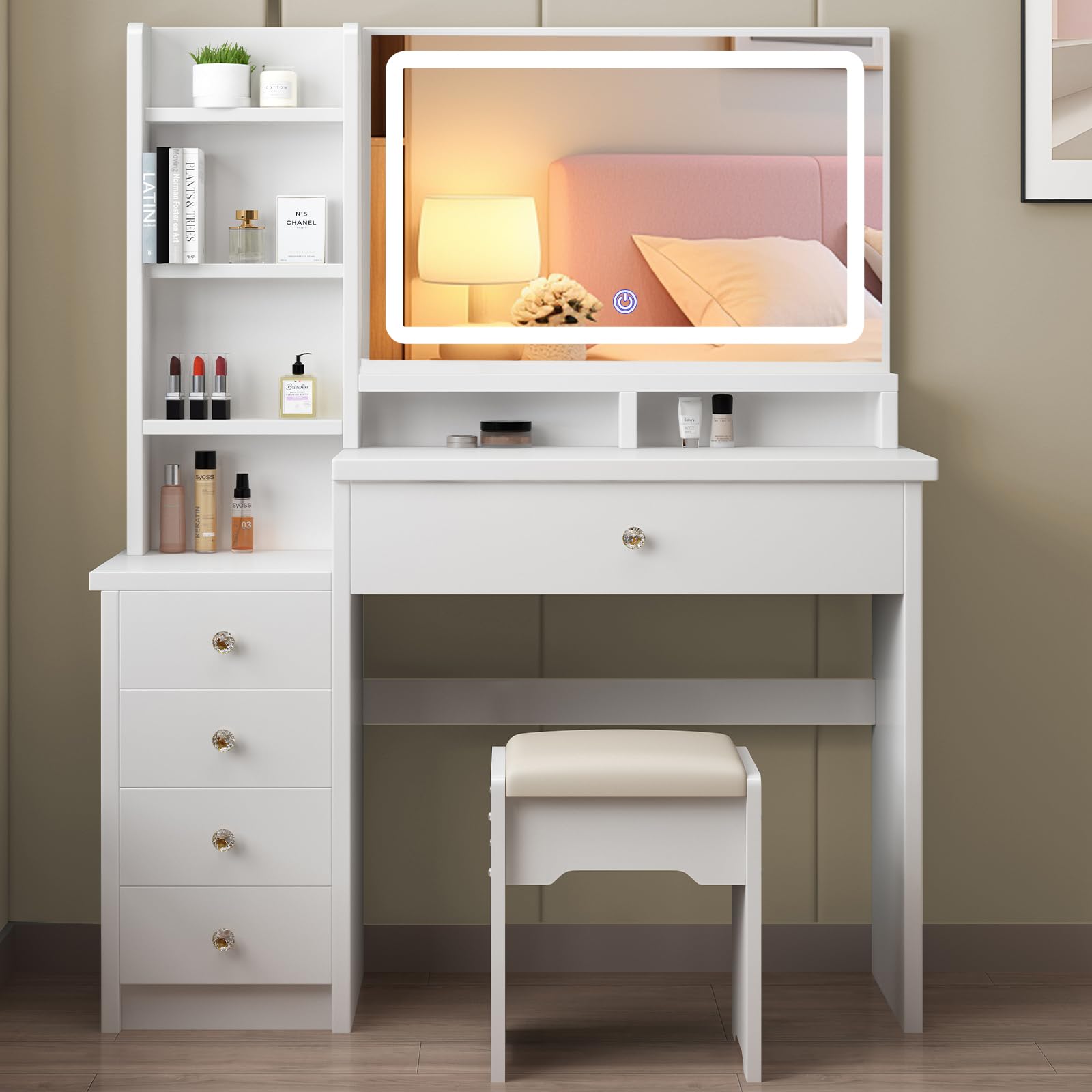 MONGMON Makeup Vanity, Vanity Desk with Mirror and Lights, Makeup Vanity Set 5 Drawers, Stool and Open Shelves,Vanity Mirror 3 Color Lighting Modes Adjustable, White