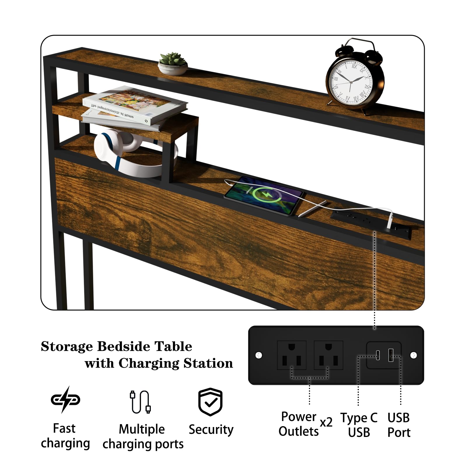RELASIA Queen Headboard, Metal and Wood Headboard with LED Light & USB & Type C Port & 2 Outlets, Large Storage Space, Non-Slip Bottom Solid Stable Metal Frame, Easy Assembly-Brown