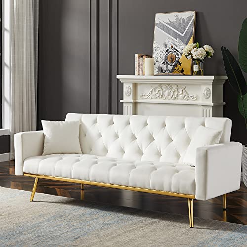 Tmosi Velvet 73'' Convertible Folding Futon Sofa Bed with Removable Armrests for Compact Living Space,Twin Size Loveseat Sofabed with 3 Adjustable Backrests for Bedroom (White)