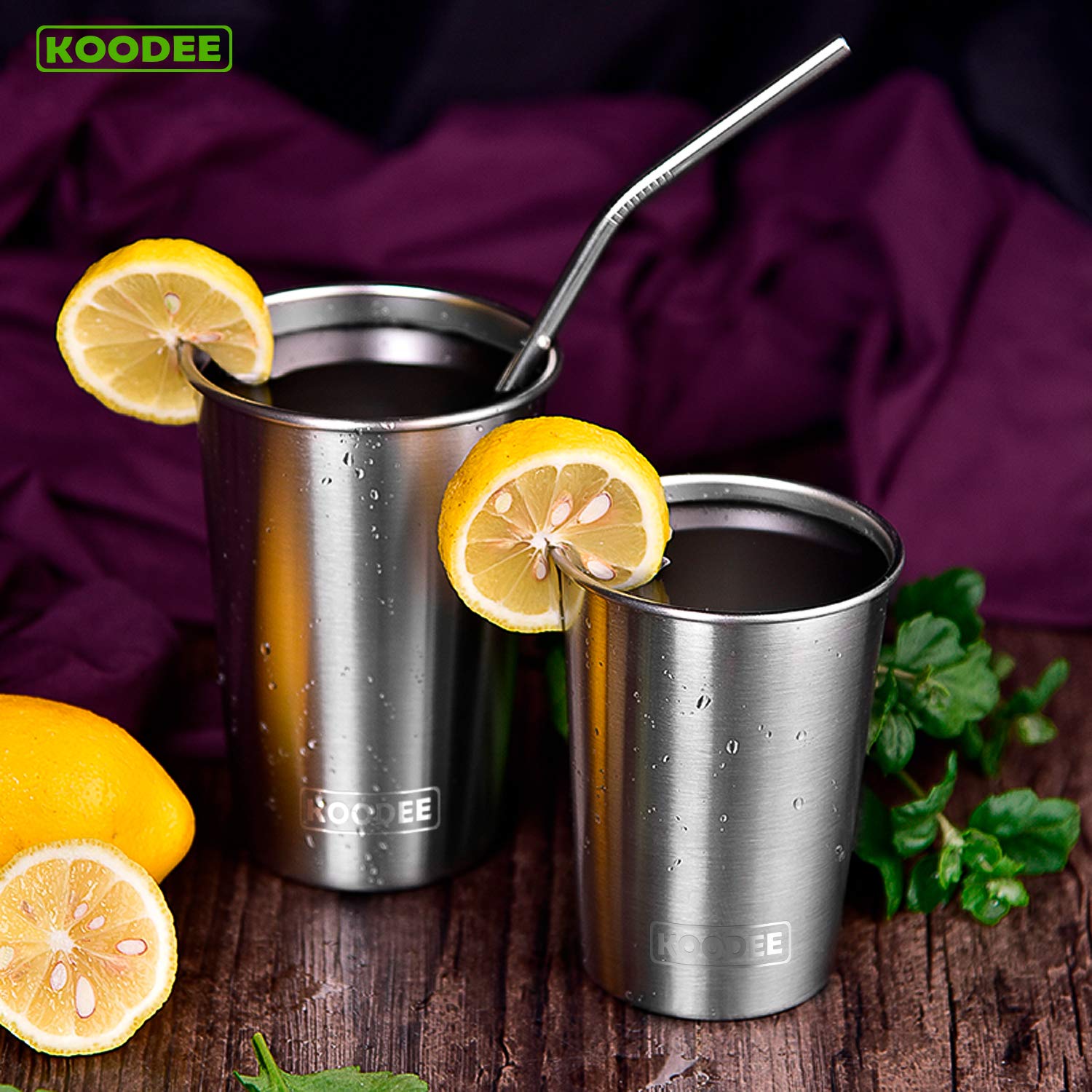 koodee Stainless Steel Cups(4 Pack) 16 oz Pint Tumbler Stackable Metal Drinking Glasses for Camping, Outdoors（Sky Blue-Baby Blue-Pink-Teal）