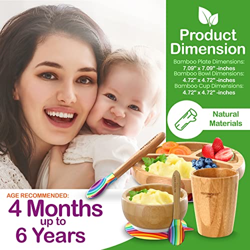 Nutrichef Baby and Toddler, 3 Compartment Plate, Bowl, Cup and Spoon Feeding Set- Silicon Suction, Non-toxic All Natural Bamboo Baby Food Plate (Stripe Set)