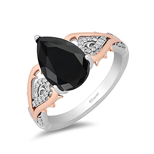 Jewelili Enchanted Disney Fine Jewelry Sterling Silver and 10k Rose Gold 1/10 CTTW and Black Spinel Maleficent Ring Size 6