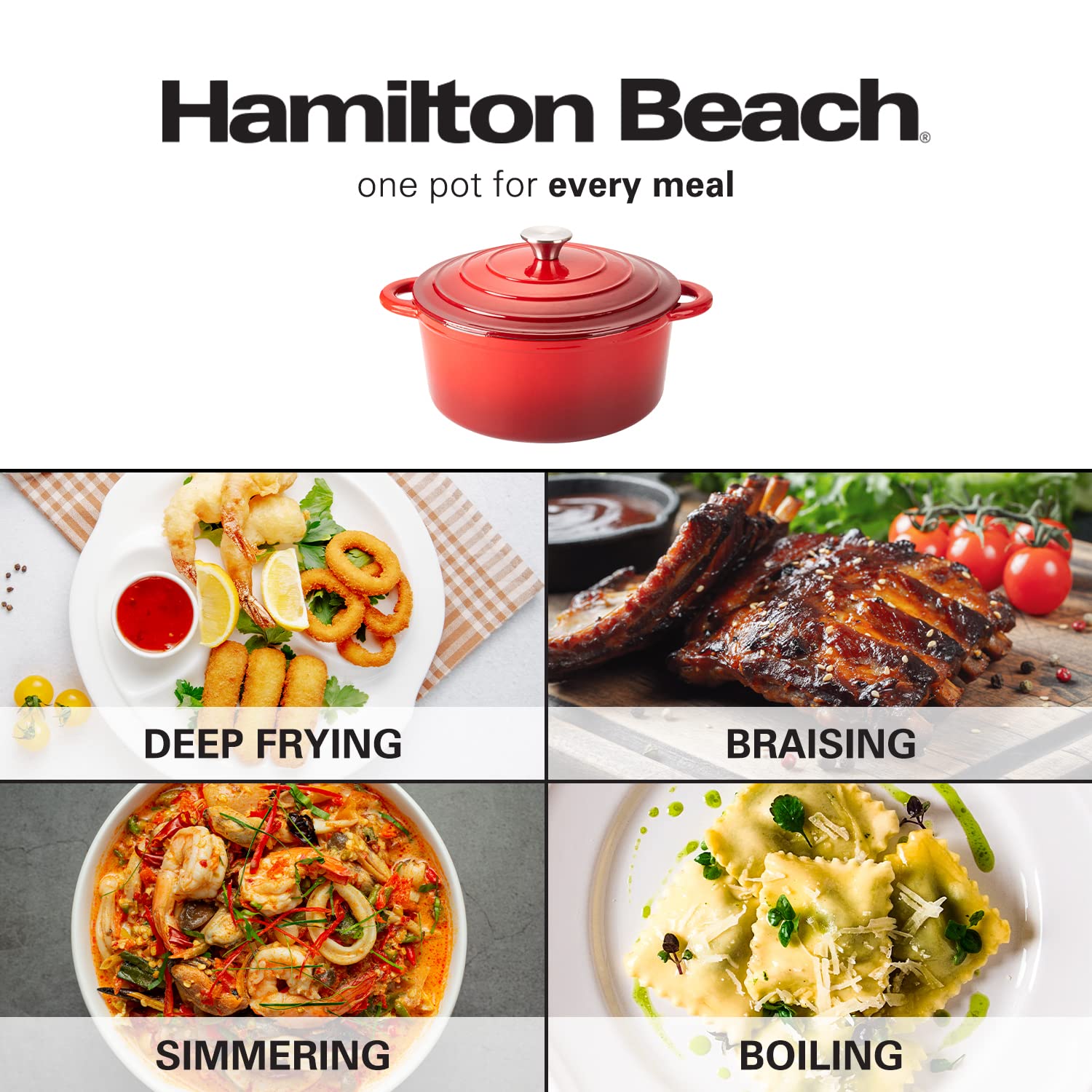 Hamilton Beach Enameled Cast Iron Dutch Oven 5.5-Quart Red, Cream Enamel Dutch Oven Pot with Lid