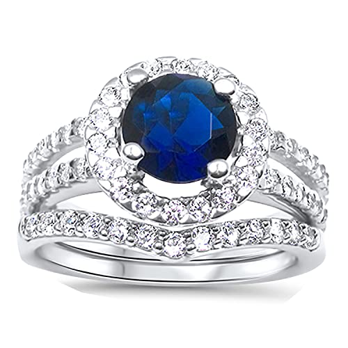 LaRaso & Co His Hers TRIO Wedding Set Sterling Silver Wedding Rings Blue Simulated Sapphire Bridal Set Him Her 14/6