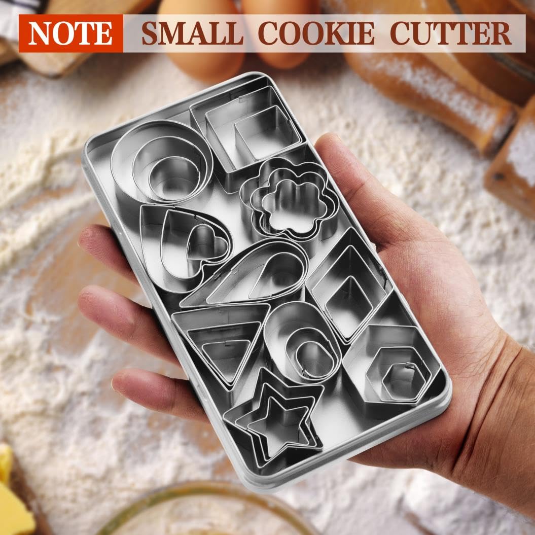 Mini Cookie Cutters Set with Box, QtoiKce 30Pcs Small Stainless Steel Flower Square Heart Round Star Triangle Oval Shapes Cookie Cutters, Mini Polymer Clay Cutters for Kids