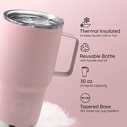 Mayim Large Travel Coffee Mug Tumbler with Clear Slide Lid and Handle, Reusable Vacuum Insulated Double-Wall Stainless-Steel Thermos, Fits in Cup Holder, 30oz., Blush