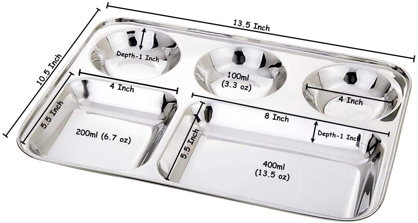 Khandekar Stainless Steel Five Compartment Rectangle Plates, Dinner Plate Set of 4 - Silver