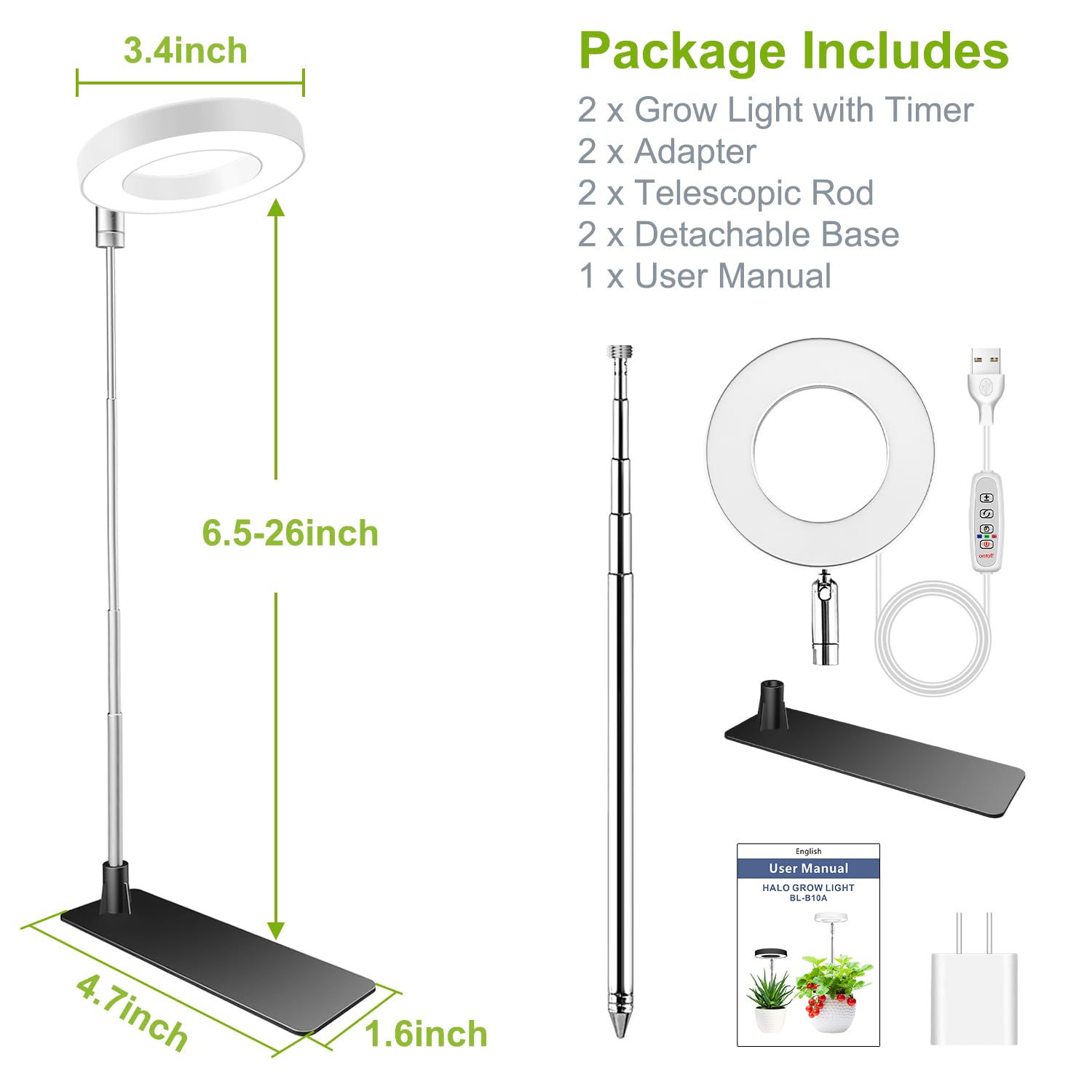 Kullsinss Grow Lights for Indoor Plants, Full Spectrum Halo Growing lamp with Detachable Base, Height Adjustable, 3 Colors, 10 Dimming, Automatic Timer, Plant Light for Small Plants Growing, 2-Pack
