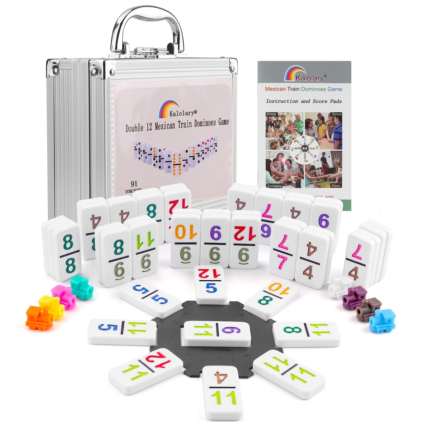 Kalolary Double 12 Mexican Train Dominoes, 91 Tiles Number Dominoes Games in an Aluminum Case with 9 Trains Instruction Booklet Score Pads and Octagon Shape Hub (Numbers Style)