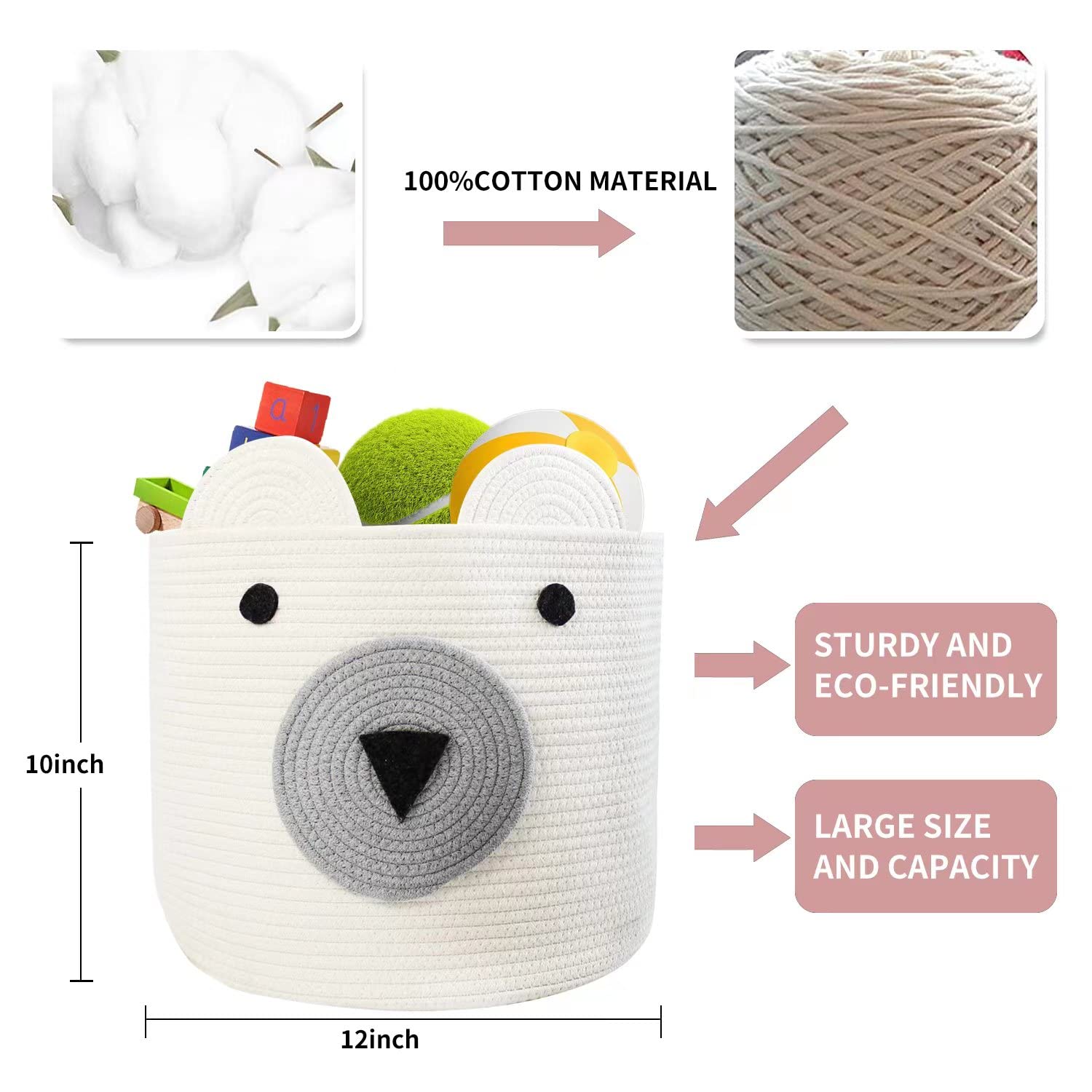 Homearda Cotton Rope Basket,Baby Hamper,Cute Bear Basket,Storage Basket ,Woven Laundry Hamper,Toy Storage Bin,Gifts β Pet or Baby Gift Baskets- White-12 x 10 - easy to reshape