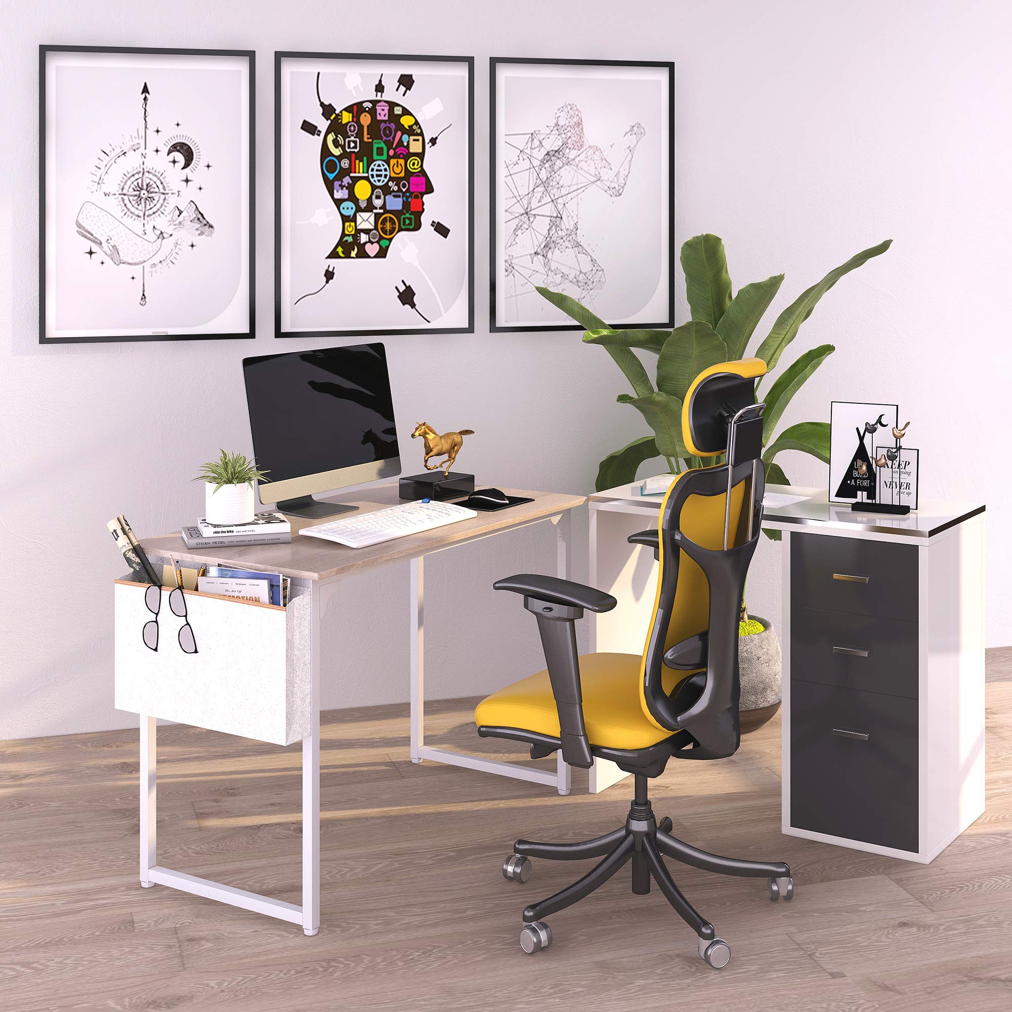 JSB Small Computer Desk 39" with Storage Bag and Hook, Home Office Desk Laptop Study Writing Table - Natural & White