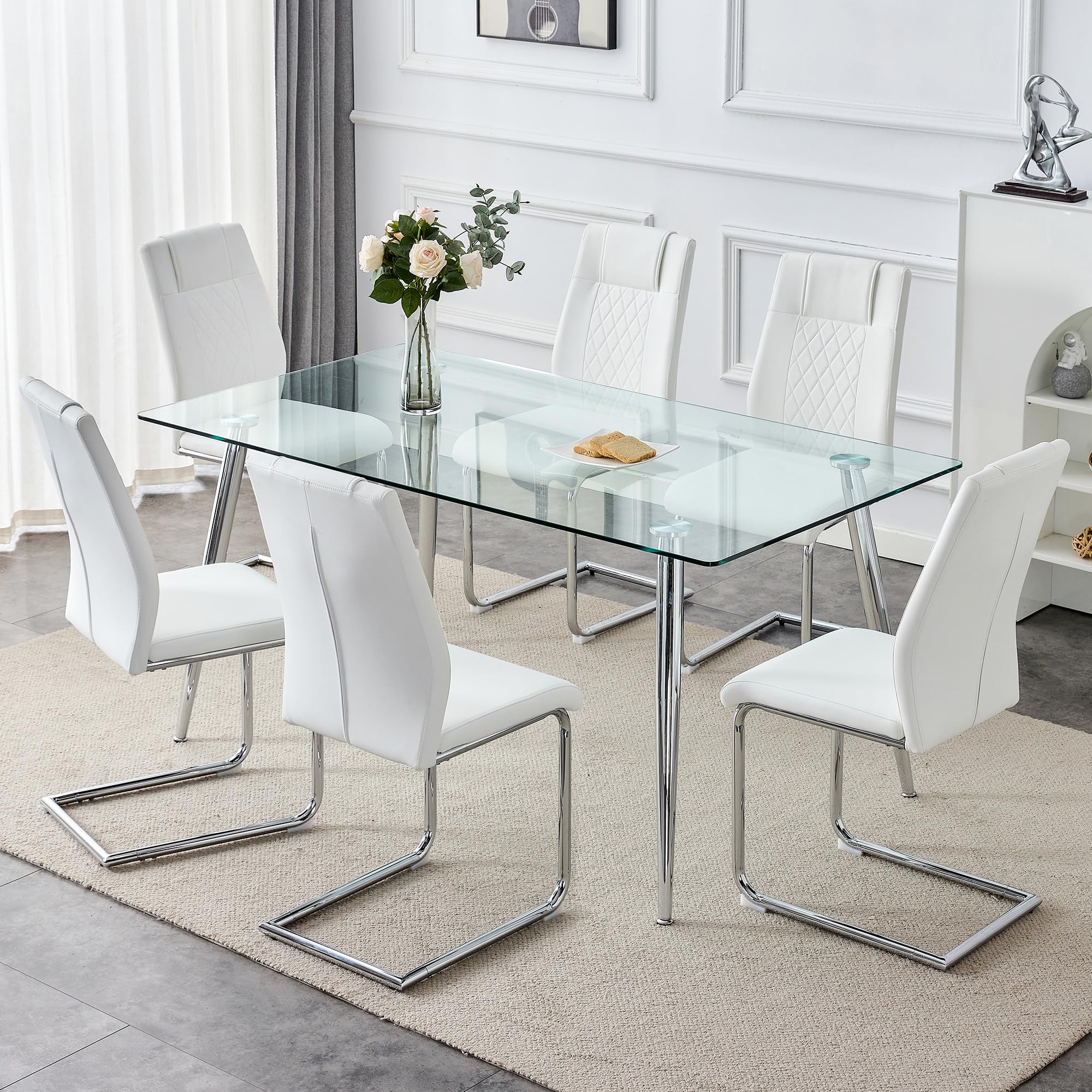Ginxesh 63ββ Glass Dining Table Set for 4-6,7 Dining Table Set,Rectangular Tempered Glass Top Kitchen Table and 6 Faux Leather High Back Upholstered Dining Chairs (White, 6 Chairs)