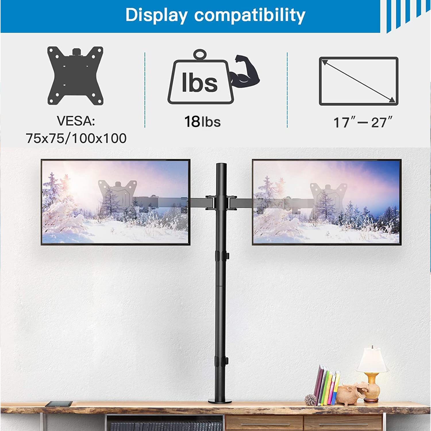 HUANUO Dual Monitor Stand with Extra Tall Pole 32 Inch, Fully Adjustable Monitor Mount, C Clamp & Grommet Mounting Base