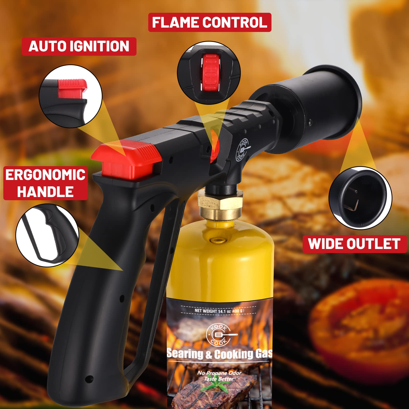 KookCook Cooking Grill Torch Kit with 14.1 oz Fuel Gas Cylinder Sous Vide Blowtorch MAPP MAP Pro Propane Torch Food Kitchen Grilling Gun Culinary BBQ Tool for Searing Outdoor Camping Charcoal Starter