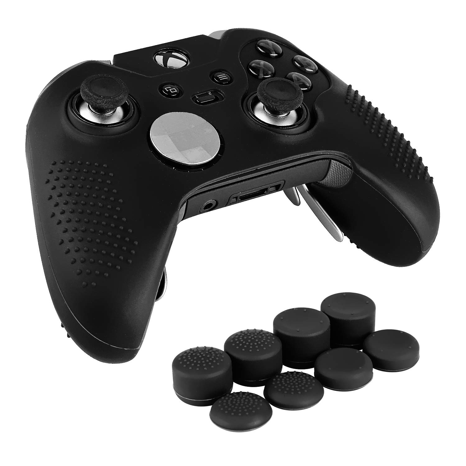 Jadebones Soft Silicone Protective Skin Anti-Slip Cover Case with 8 Rubber Thumb Grips Caps for Xbox One Elite Controller Compatible with Official Stereo Headset Adapter (Black)