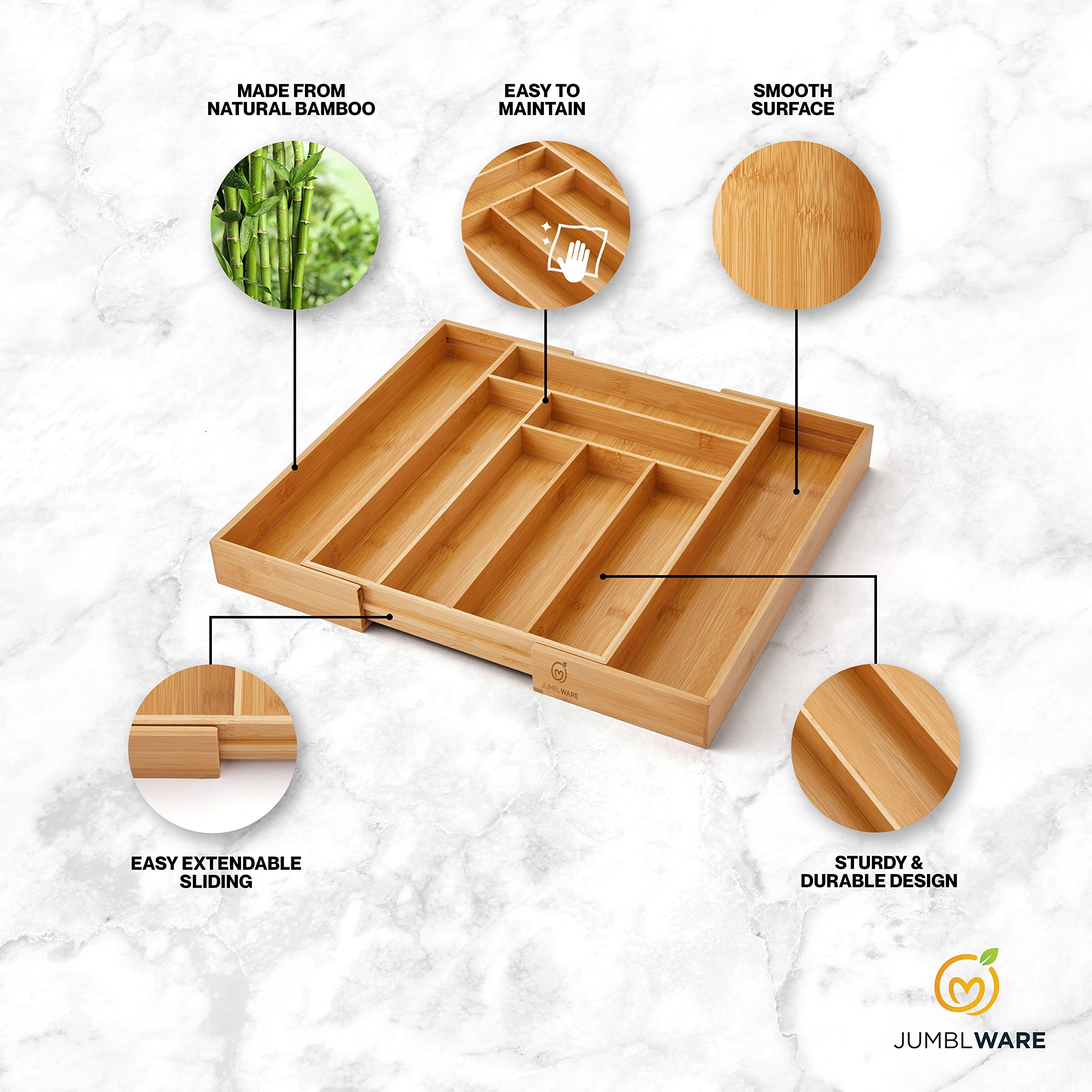 JumblWare Bamboo Expandable Drawer Organizer. Wooden Storage Tray with Dividers for Silverware, Kitchen Utensils, Spices, K Cups, Small Clothes & Makeup. Adjustable Sliding Design from 13β to 19.6β