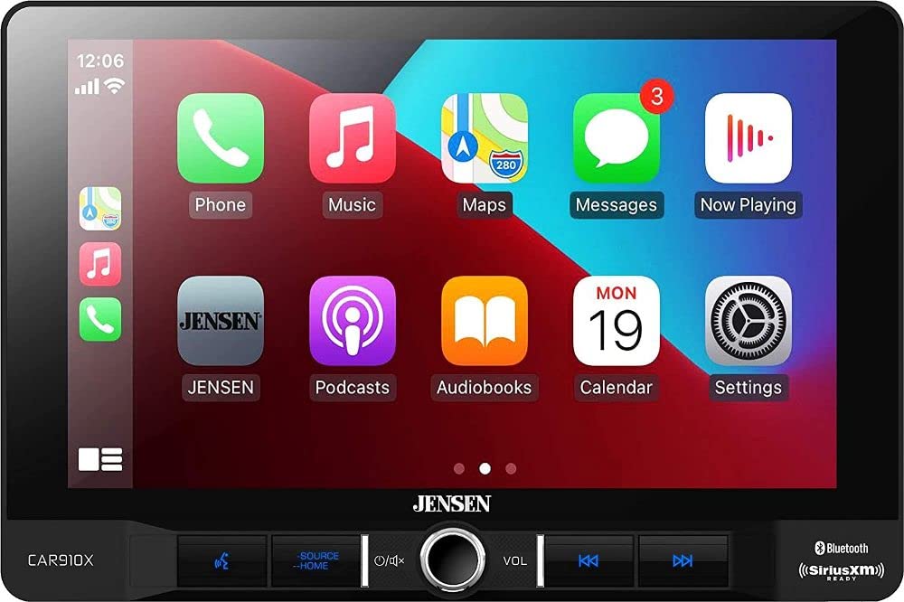 Jensen CAR910X Multimedia 9" Receiver with Apple CarPlay and Android Auto, 1024x600 Resolution, 500 cd/m2 Brightness, 500:1 Contrast Ratio, Back-up Camera Input, Front and Rear USB Inputs