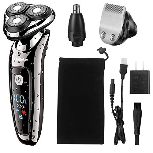 HATTEKER Mens Electric Shaver Razor Beard Trimmer Rotary Shaver Cordless Sideburn Trimmer Nose Trimmer Wet Dry Shaver Waterproof USB Rechargeable 3 in 1
