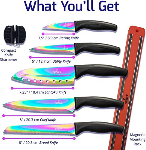 Kitchen Knife Set Kit, 5 Dishwasher Safe Colorful Knives, Knife Sharpener & Magnetic Wall Bar, Titanium Non Stick Plating Stainless Steel
