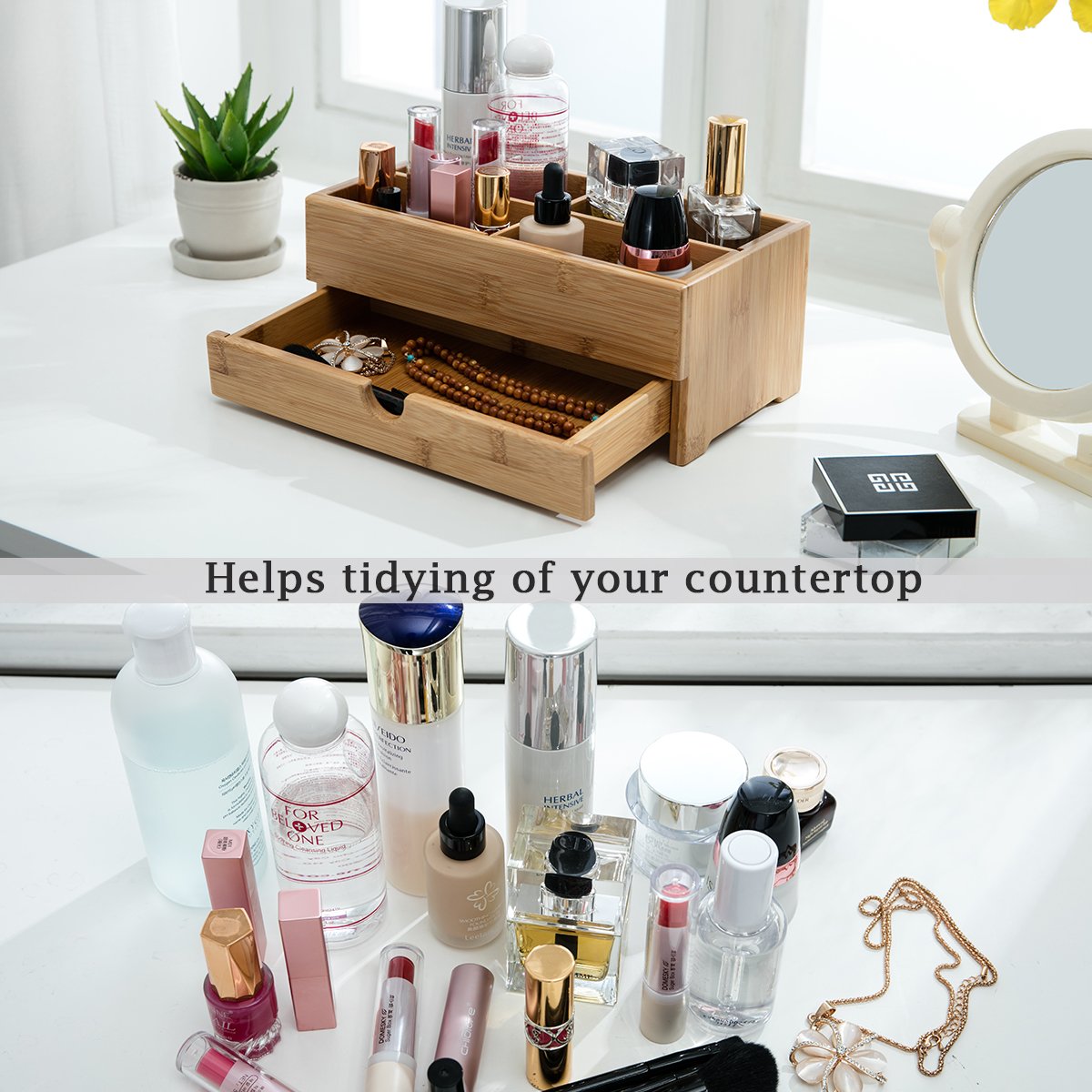 GOBAM Bamboo Makeup Organizers and Storage with Drawer - Wooden Cosmetic Organizer Countertop for Bathroom, Bedroom, Closet, Kitchen, Vanity & Dresser - Make up Vanity Station