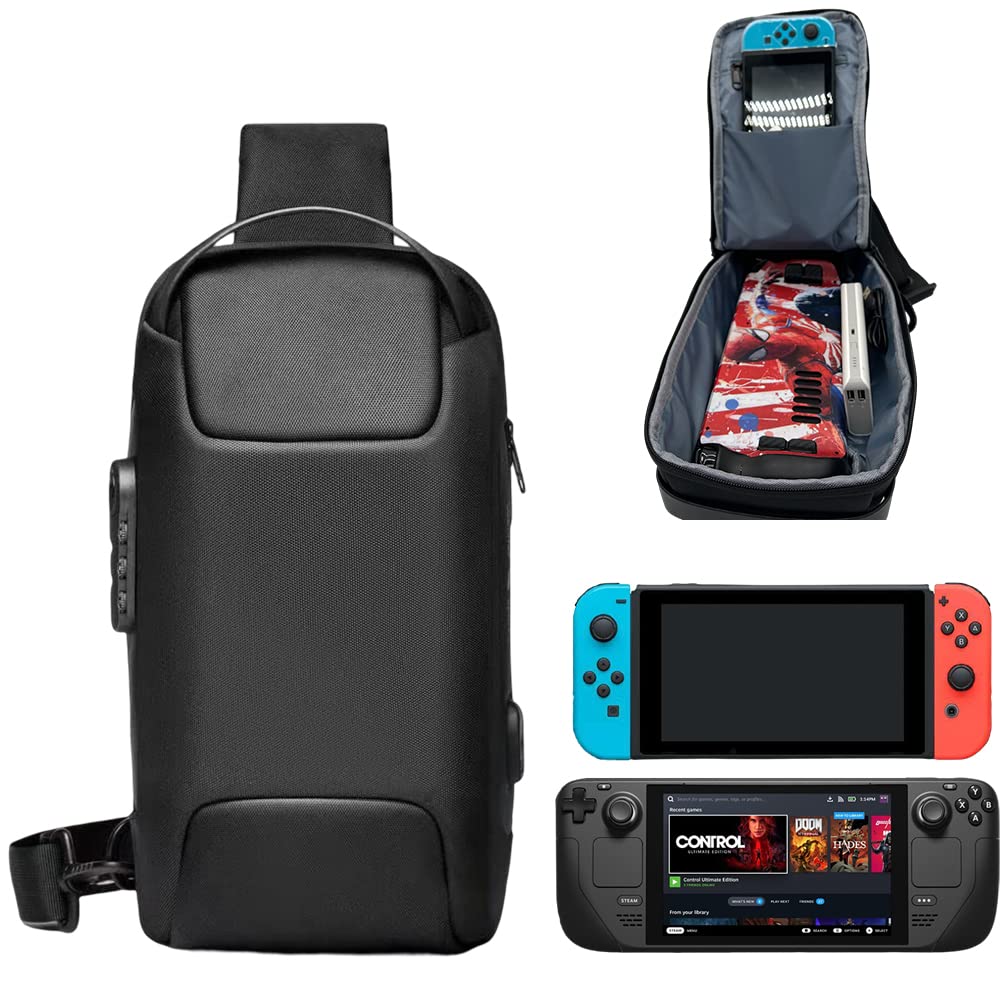 Metooka Carrying Case for Steam Deck Console & Accessories, Shockproof Protective Crossbody Shoulder Chest Backpack with Pockets Fit Console for Travel and Home Storage…