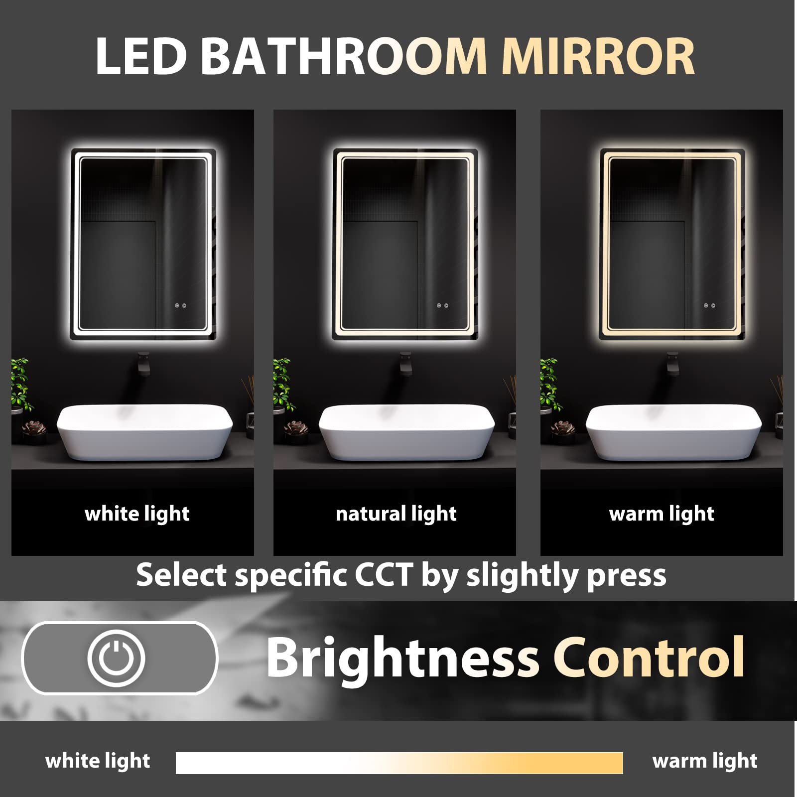 HOMECOOKIN Wall Mount 20x28 inches LED Mirror, Bathroom, Rectangular, Aluminum, Modern, Anti-Fog, Adjustable 3 Colors, Backlit