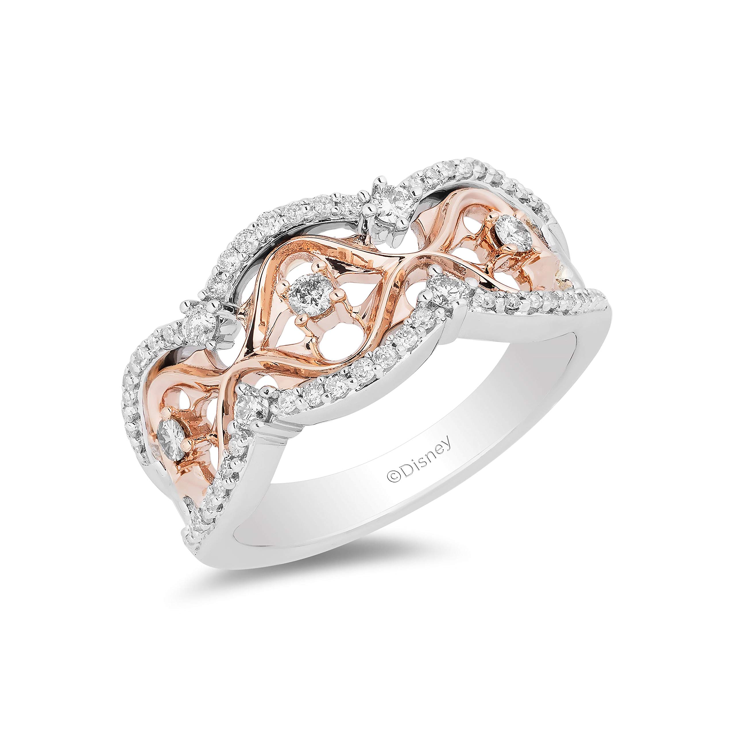 Jewelili Enchanted Disney Fine Jewelry Sterling Silver and 10K Rose Gold with 1/3 Cttw Diamonds Aurora Ring, Size 5