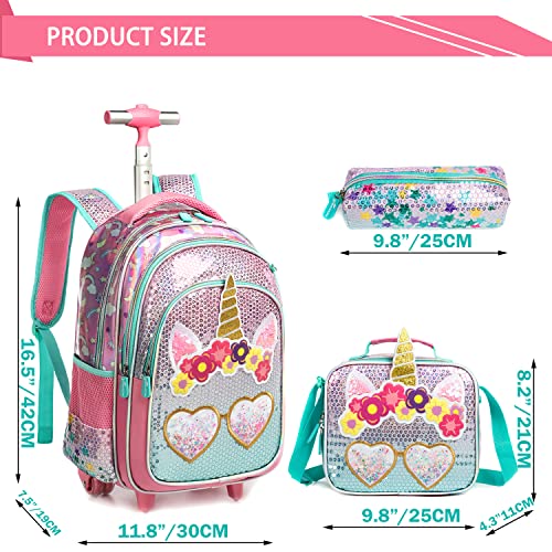 JSMNIAI Pink Unicorn Rolling Backpack for Girls Rolling Backpacks Set with Wheels Kids Luggage for Elementary Students with Lunch Box Travel Suitcase