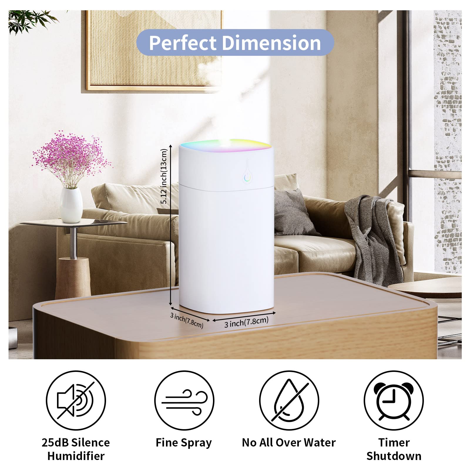mini humidifier for bedroom Colorful Cool Mist Humidifier 350ML Personal Desktop Humidifiers with Night Light Jelison Auto Shut-Off, 2 Mist Modes,Super Quiet, for Home,Office, Yoga,White