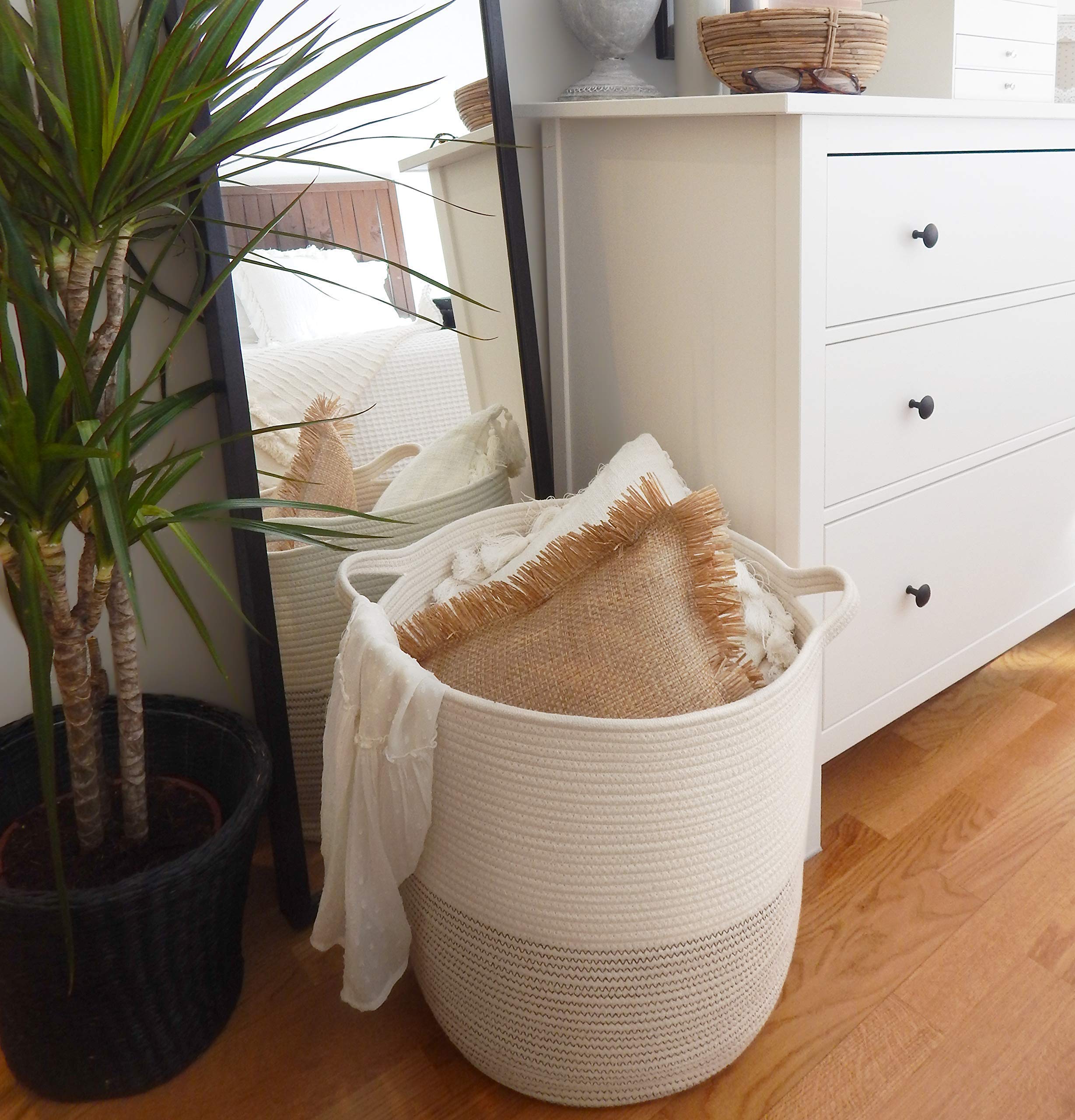 Large Woven Storage Baskets (Set of 2) Decorative Blanket Basket for Living Room, Toys, Pillows, Nursery or Towels. Laundry Hamper. Baskets for Organizing. Cotton Rope Baskets