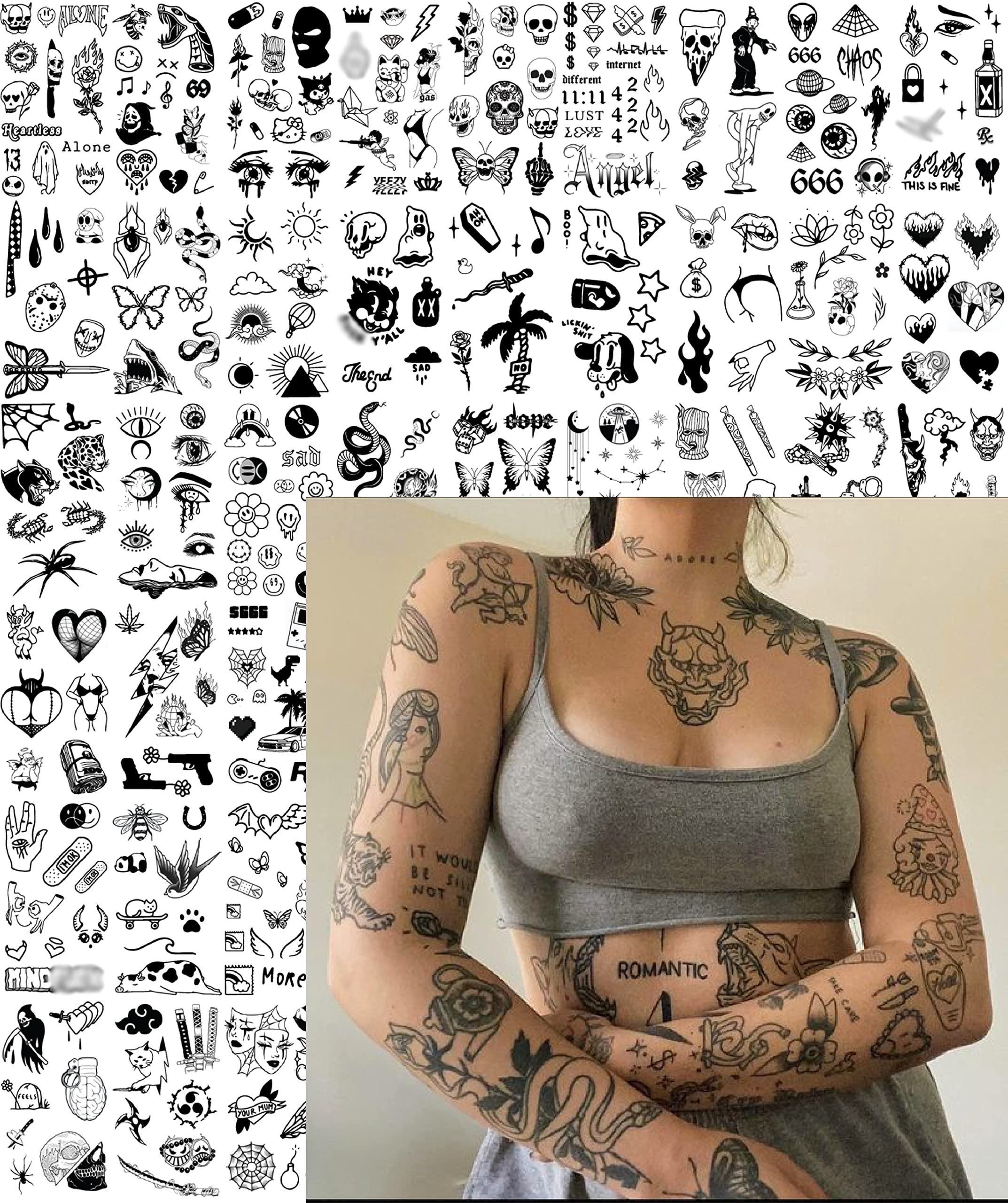 Impressed 48 Sheets Custom Unisex Vintage Patchwork Temporary Tattoos - Small Semi Permanent Minimalist Black Fake Tattoo for Women and Men - Micro Tiny Adult Hand, Sleeve, Finger Tat for Teens