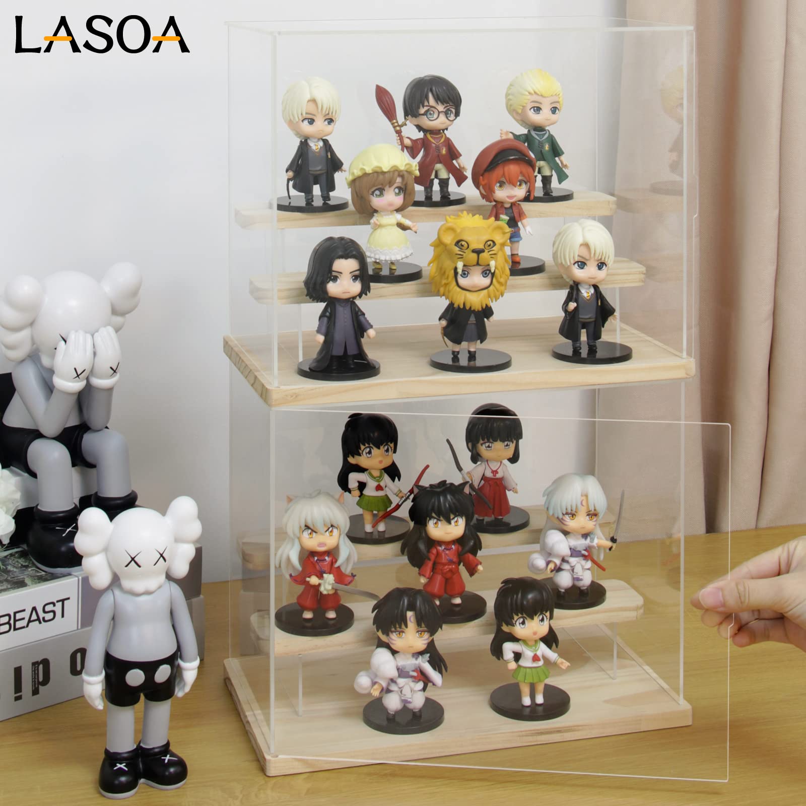 LASOA 4 Tier Acrylic Display Case for Collectibles, Alternative Glass Display Box with Wood Base and Lid, Self-Assembly Clear Shelf Showcase for Figurine Memorabilia (11.8x8.9x11inch; 30x22.5x28cm)