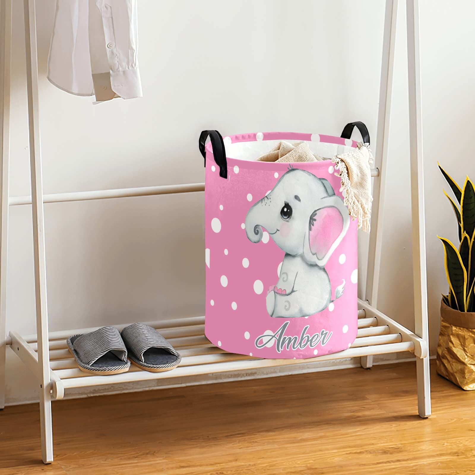Personalized Pink Polka Dot Elephant Waterproof Laundry Basket Handles Collapsible Hamper Storage Basket for Office Bathroom