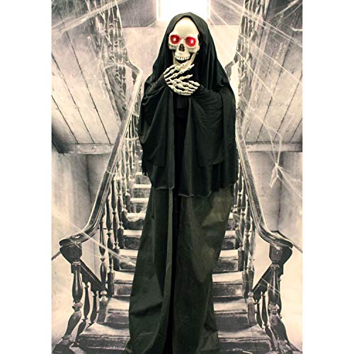 Haunted Hill Farm Life-Size Animatronic Reaper, Indoor/Outdoor Halloween Decoration, Light-up Red Eyes, Poseable, Battery-Operated