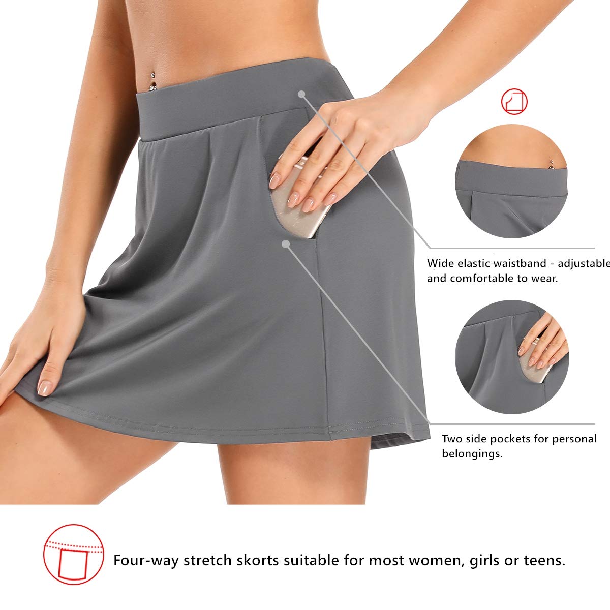 Jessie Kidden Women's Active Athletic Skort Lightweight Skirt with Pockets for Running Tennis Golf Workout (949 Grey, Medium)