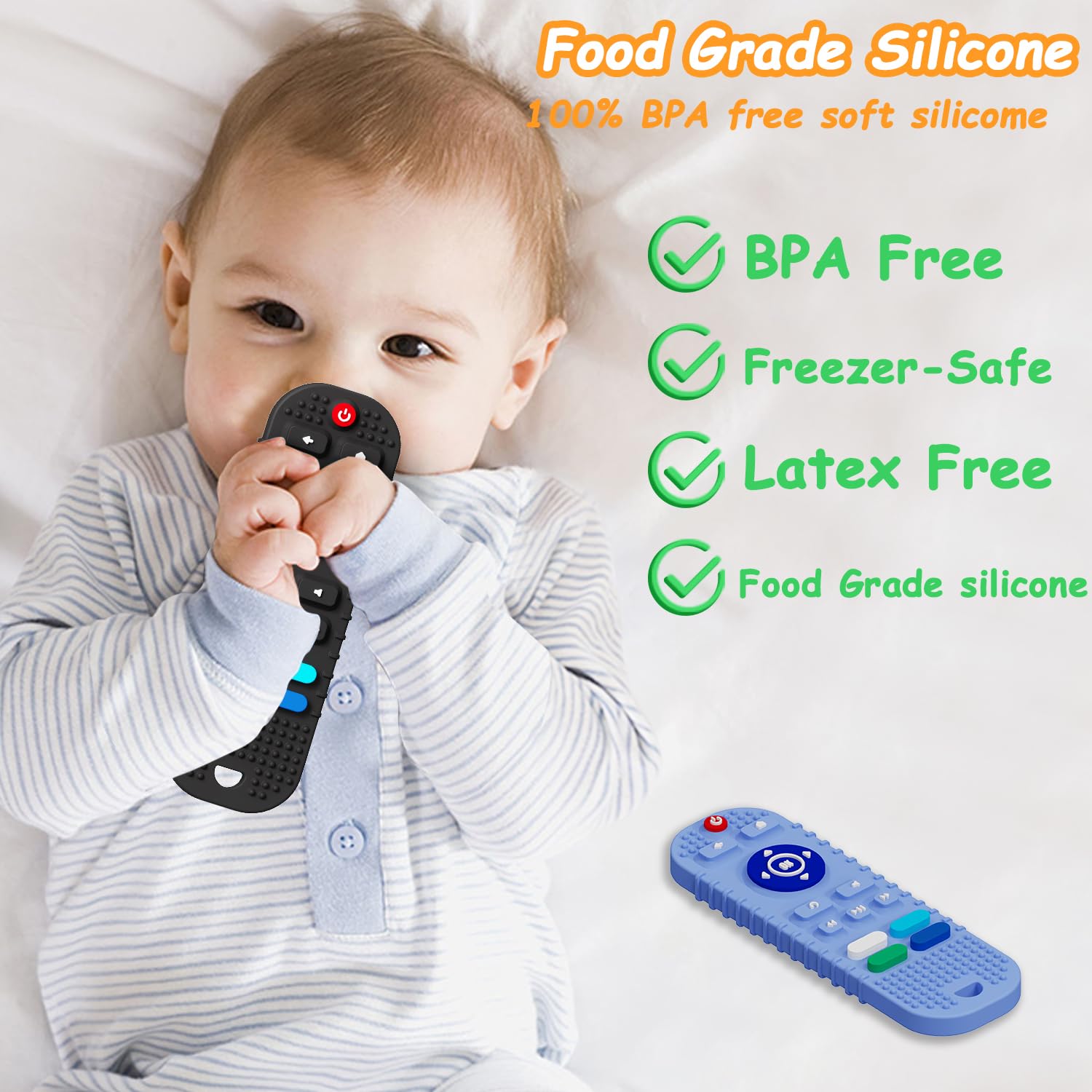 Mgtfbg 2 Pack Soft Silicone Teething Toys for Toddlers, Babies 6-12 Months - Boys Girls Baby Molar Teether Chew Toys Set, Remote Control Shape Teething Toys Gift(Blue+Black)