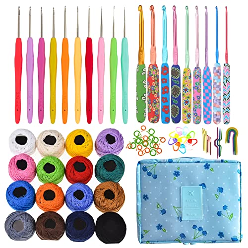 Katech 89 pcs Yarn Crochet Kit for Crochet and Knitting, Different Sizes Crochet Hooks with 16 pcs Colorful Yarn Skeins, Ergonomic Crochet Needle DIY Yarn Weaving Tool (Light Blue)