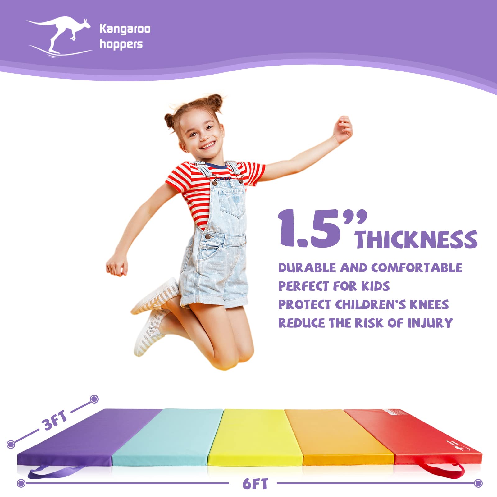 Kangaroo Hoppers Kids Gymnastics Bar & Gymnastics Mat for Home, Height Adjustable Foldable Junior Training Bar, 5-Panel Tumbling Mats 3 FT x 6 FT, Blue