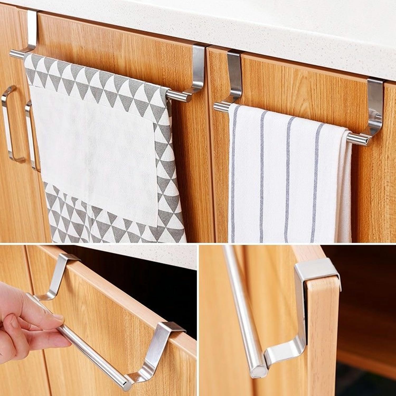 RUIBAOLY Stainless Steel Over Door Towel Rack Bar Holders for Universal Fit on Over Cabinet Cupboard Doors ,9.2" Wide - 2 Pack(Silver)