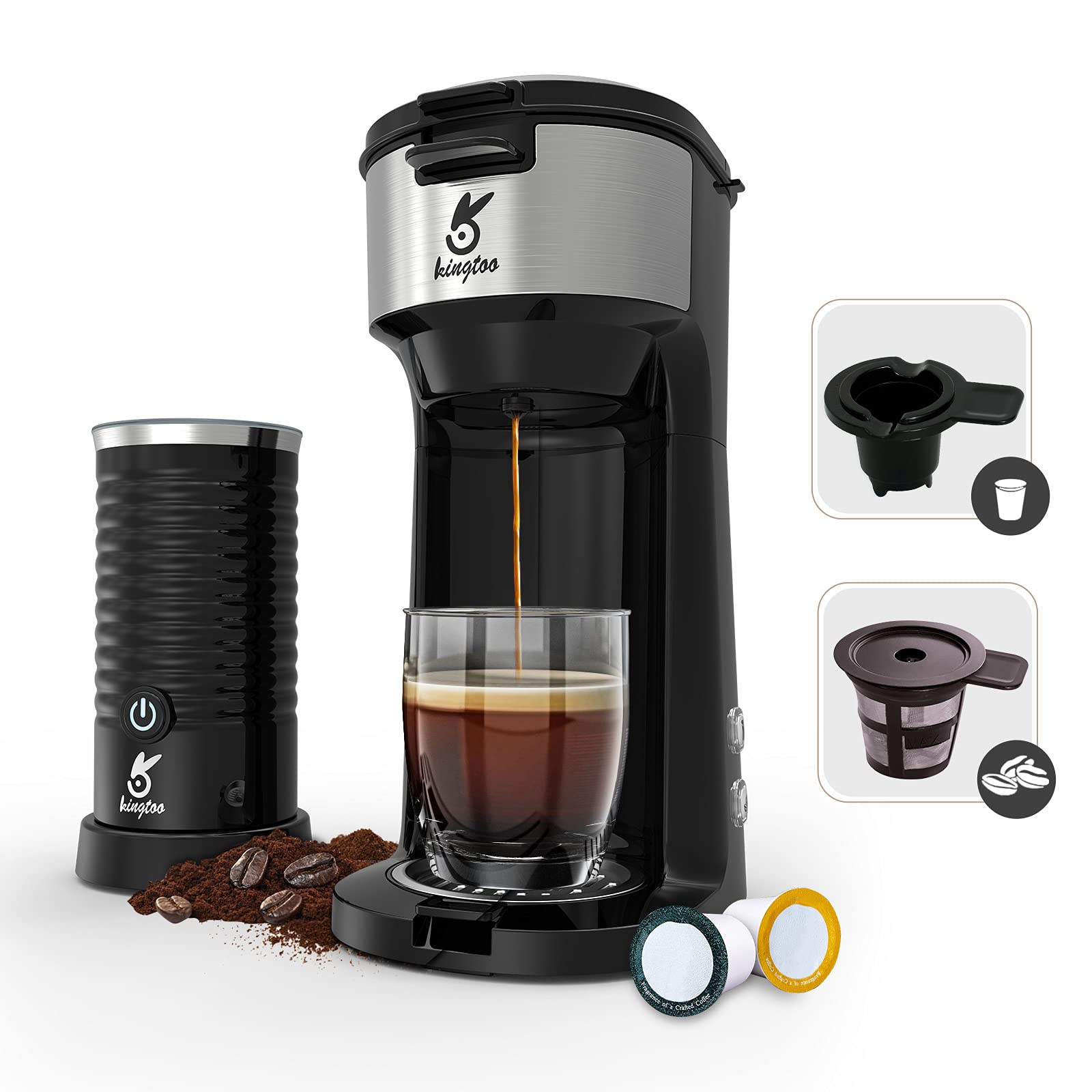 KINGTOO Coffee Maker with Milk Frother, Single Serve Coffee Maker for K-Cup Pod & Ground Coffee, Compact Coffee Maker 2 in 1 with Self Cleaning, Fast Brewing (Black