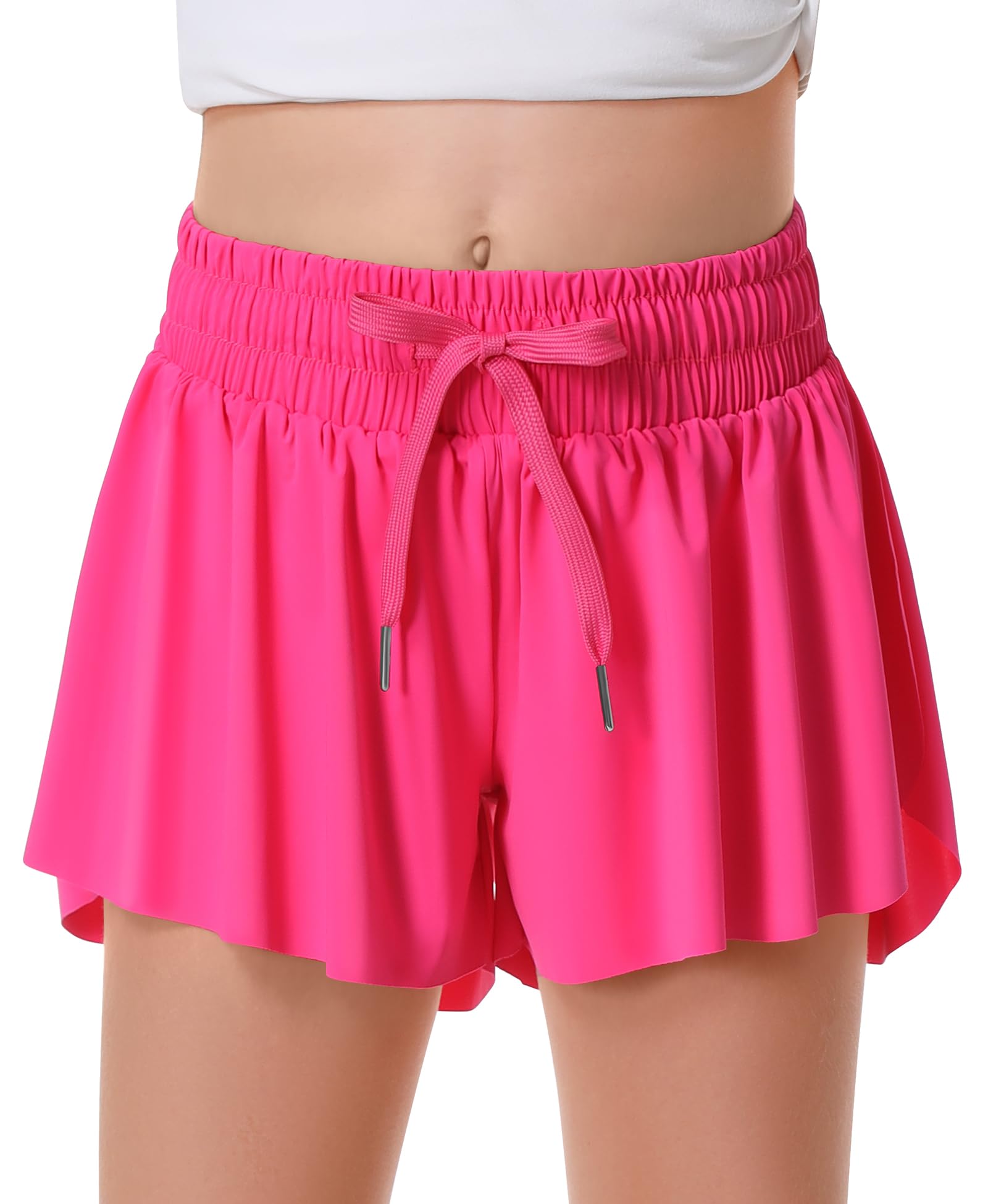 Girls Flowy Shorts Butterfly Shorts for kids with Pocket 2-in-1 Athletic Shorts Running Shorts for Girls Youth Teen Active Workout Sports (Hot Pink# Girls, X-Large)