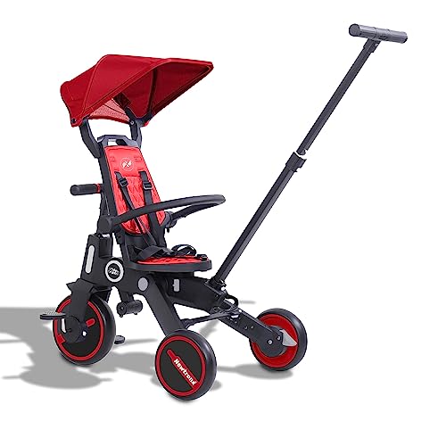 Newtronx Trixplorer-7 in 1 Foldable Toddler Tricycle Removable Push Handle, Rotatable Seat, Adjustable Canopy, Safety Harness, Storage, Basket-Tricycle for Toddlers for 1-5 Year Old (Red Heart)