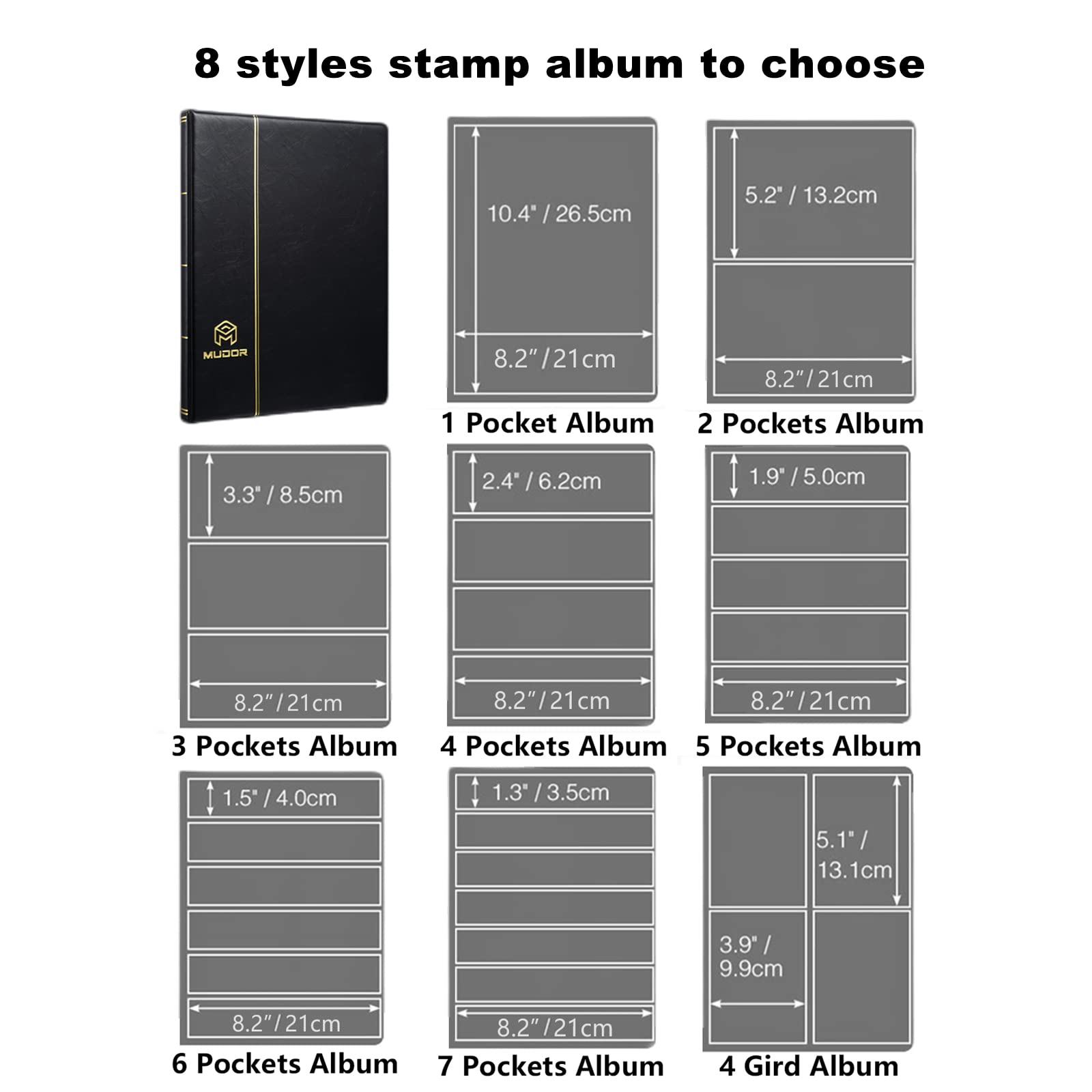 MUDOR Stamp Collecting Album, 7 Rows Pockets Stamp Book for Collectors, 10 Sheets Stamp Stockbook